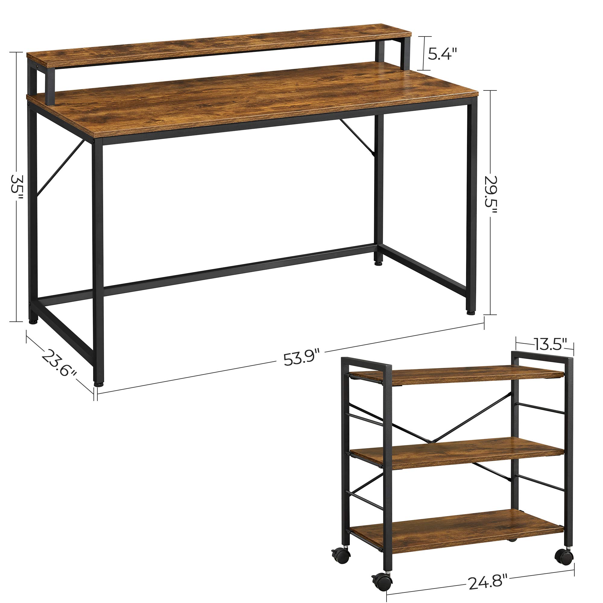 VASAGLE Computer Desk with Large Monitor Stand Rolling Cart, Writing Study Desk with Storage Shelves, Industrial, for Home Office, Rustic Brown and Black ULWD061B01