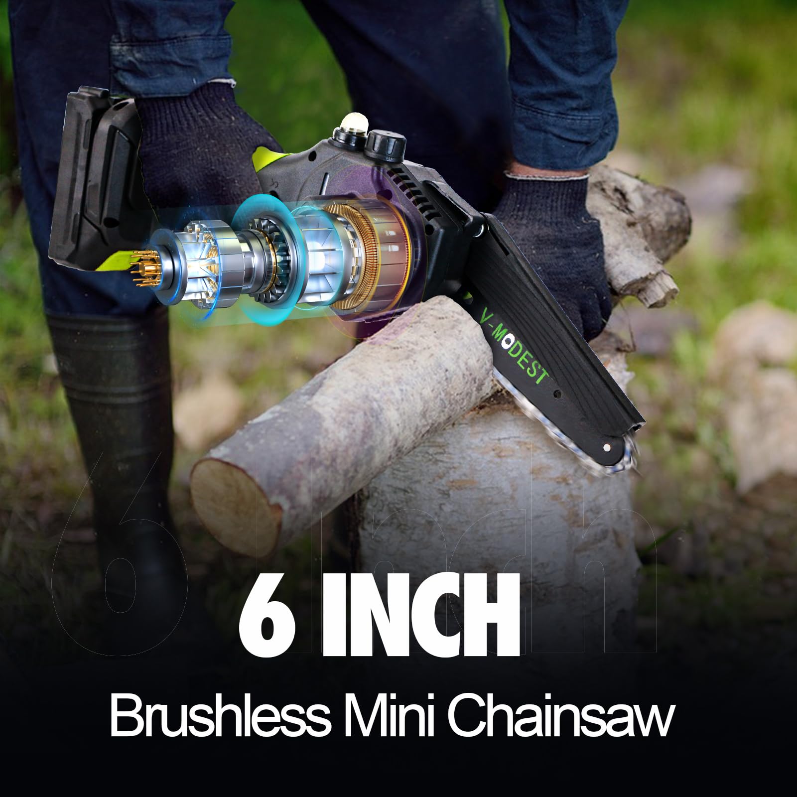 V-MODEST Mini Chainsaw Cordless 6 in. with Automatic Oiler Security Lock Low-kickback, Battery Powered Small Handheld Electric Chain Saw Left or Right Handed Use, for Branches Pruning Wood Cutting 21V