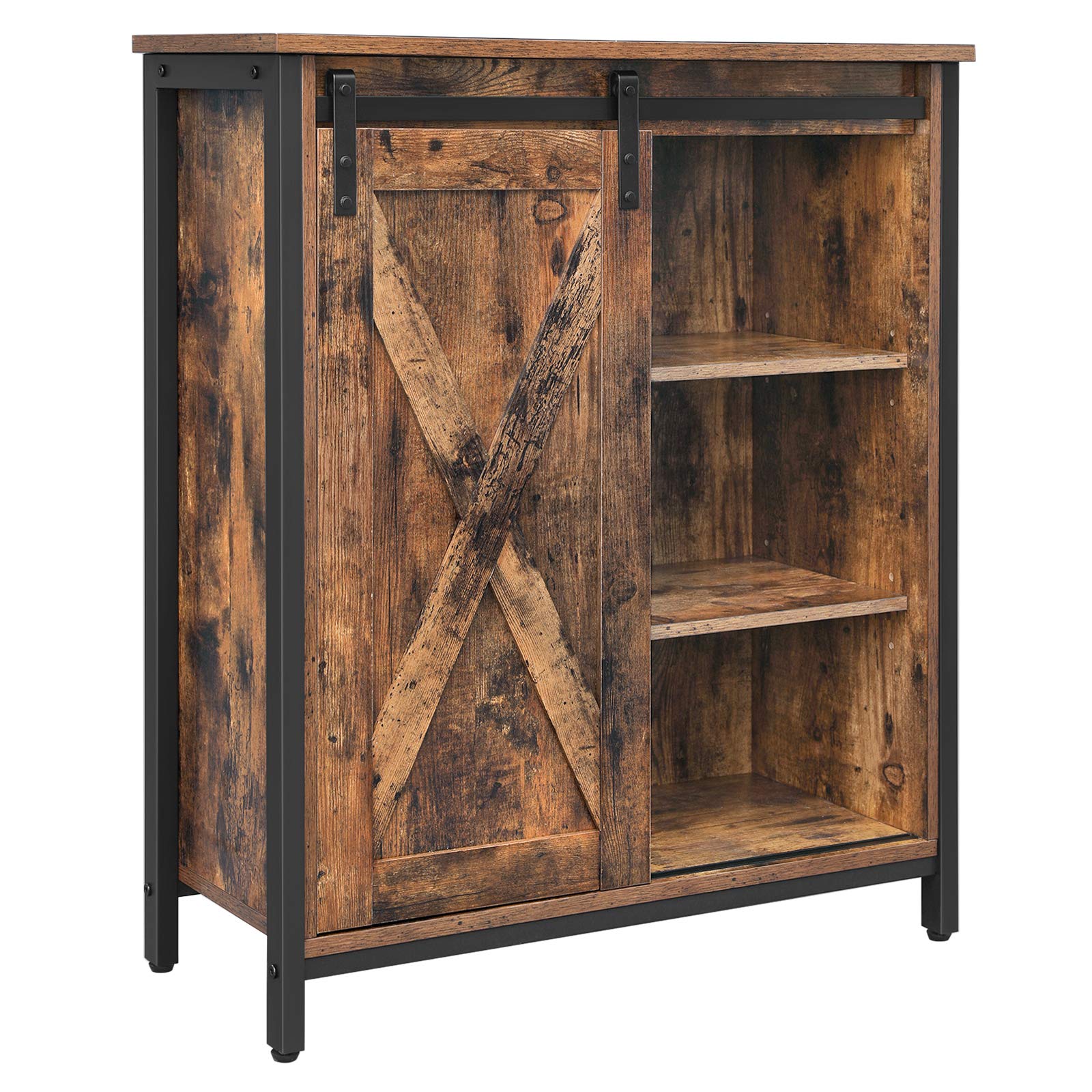 VASAGLE Storage Cabinet Cupboard, Multipurpose Cabinet with Adjustable Shelves, Sliding Door, Steel Frame, for Kitchen, Living Room, Entryway, Industrial, Rustic Brown and Black ULSC88BX