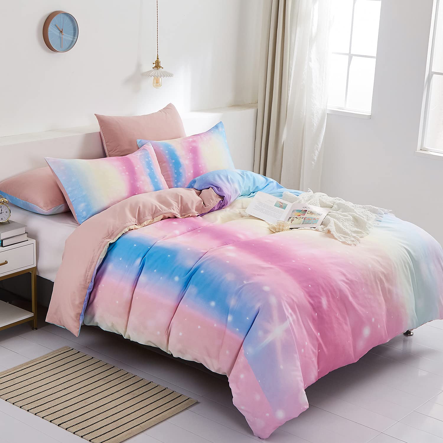 YOOCOOL Galaxy Duvet Cover Twin for Girls,3 Pieces Rainbow Printed Duvet Cover Set Soft Microfiber Material with 2 Pillowcases (Rainbow, Twin)