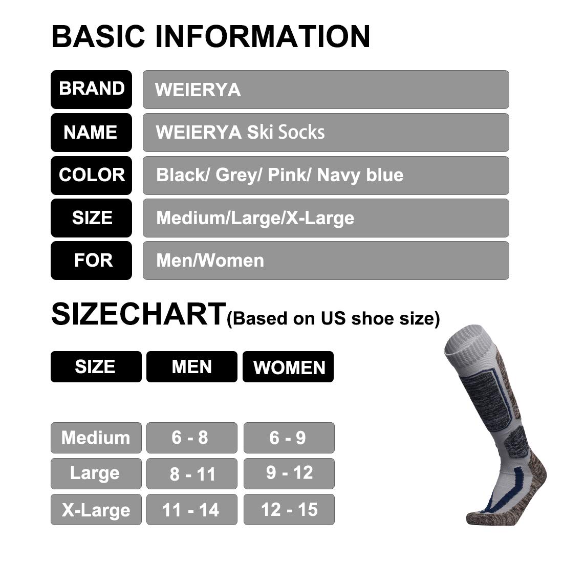 WEIERYA Ski Socks, Warm Knee High Performance Skiing Socks, Snowboard Socks (Grey 2 Pairs, Medium)