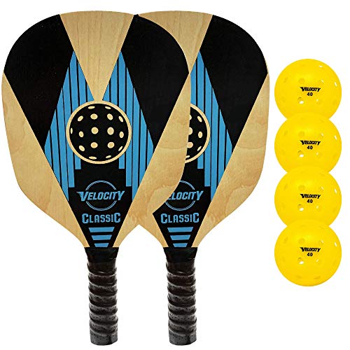 Velocity Premium Wood 2 Paddle + 4 Pickle Ball Set. Very Light, Responsive & Strong Easy to Hold & Comfortable.