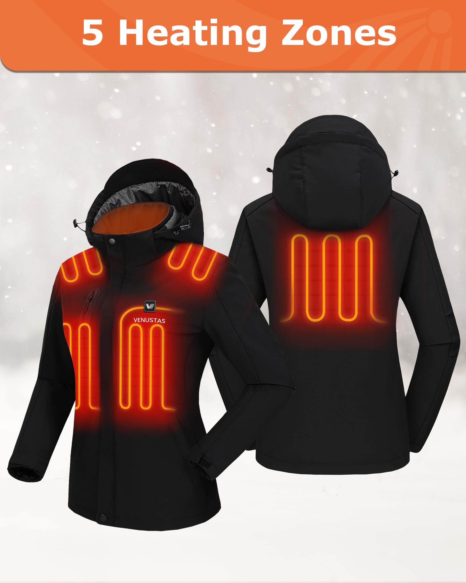 Venustas Women's Heated Jacket with Battery Pack 7.4V, Windproof Electric Insulated Coat with Detachable Hood Slim Fit