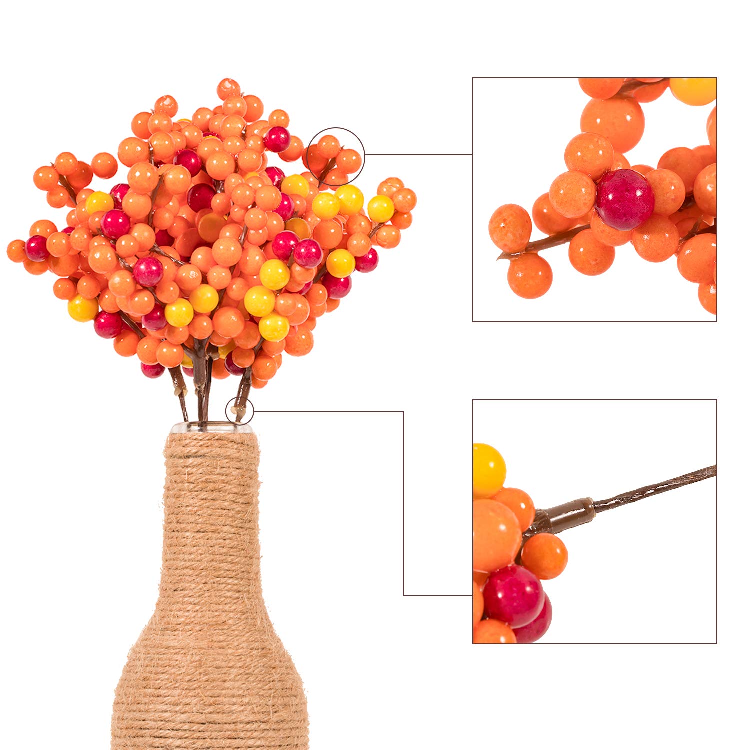 Whaline Autumn Orange Berry Twig Stem, 12 Pack Artificial Orange Berry Picks for Fall Decor, Christmas Tree Decorations, Crafts, Wedding, Holiday Home Decoration