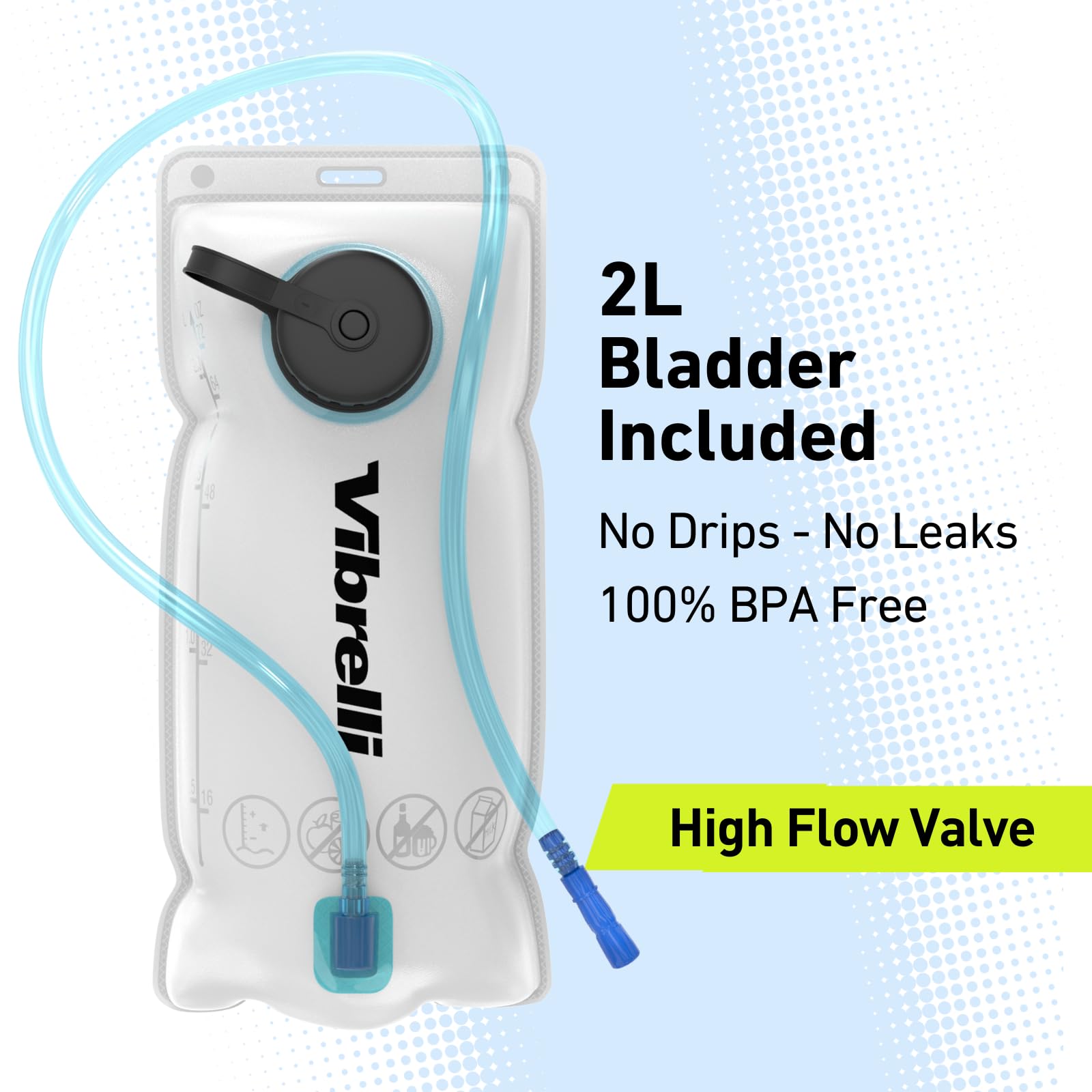Vibrelli Hydration Pack & 2L Hydration Water Bladder - High Flow Bite Valve - Hydration Backpack with Storage - Lightweight Running Backpack, Also for Cycling, Hiking, Ski, Snow for Men, Women & Kids