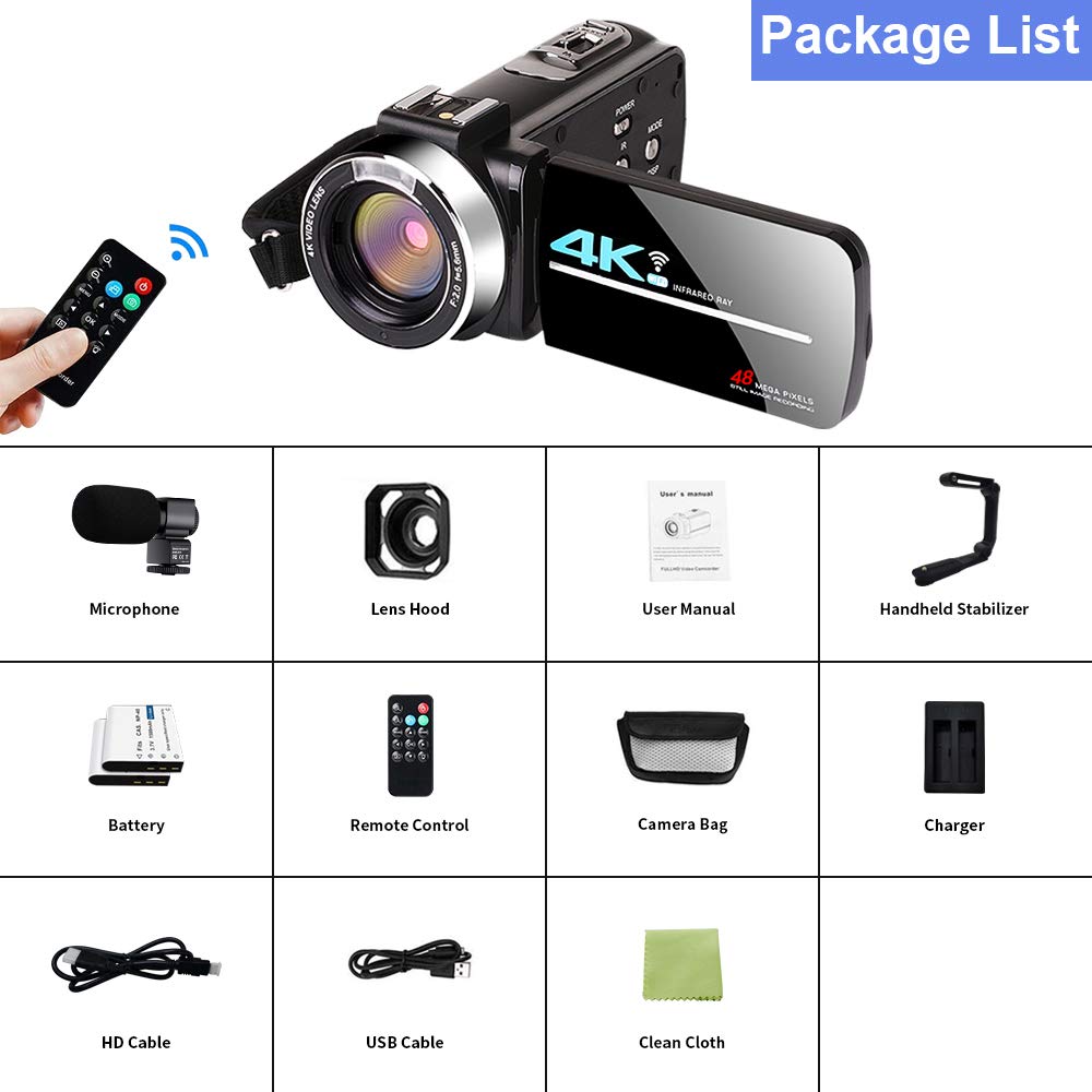 Video Camera Camcorder Vlogging Camera 4K Ultra HD Zoom Live Streaming 4K Camcorder Recorder YouTube Camera Video Recorder Handheld Stabilizer Remote Control, 16X Digital Zoom, 2 Batteries (Black)