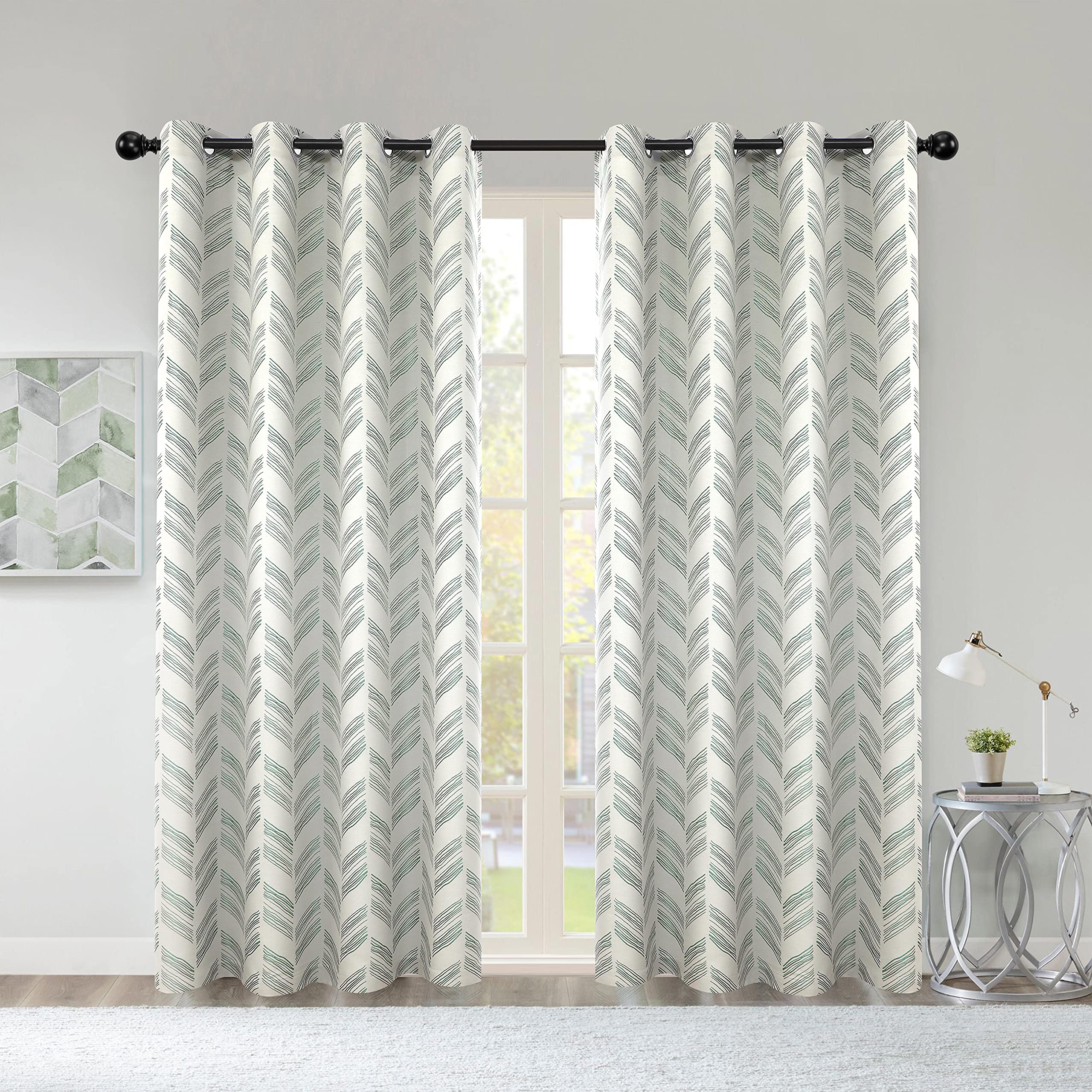 Vintage Jacquard Curtains 84 Inches Long for Bedroom Living Room Thermal Insulated Grommet Printed Curtain Drapes Primitive Linen Textured Burlap Effect Window Drapes 2 Panel - Blackish Green