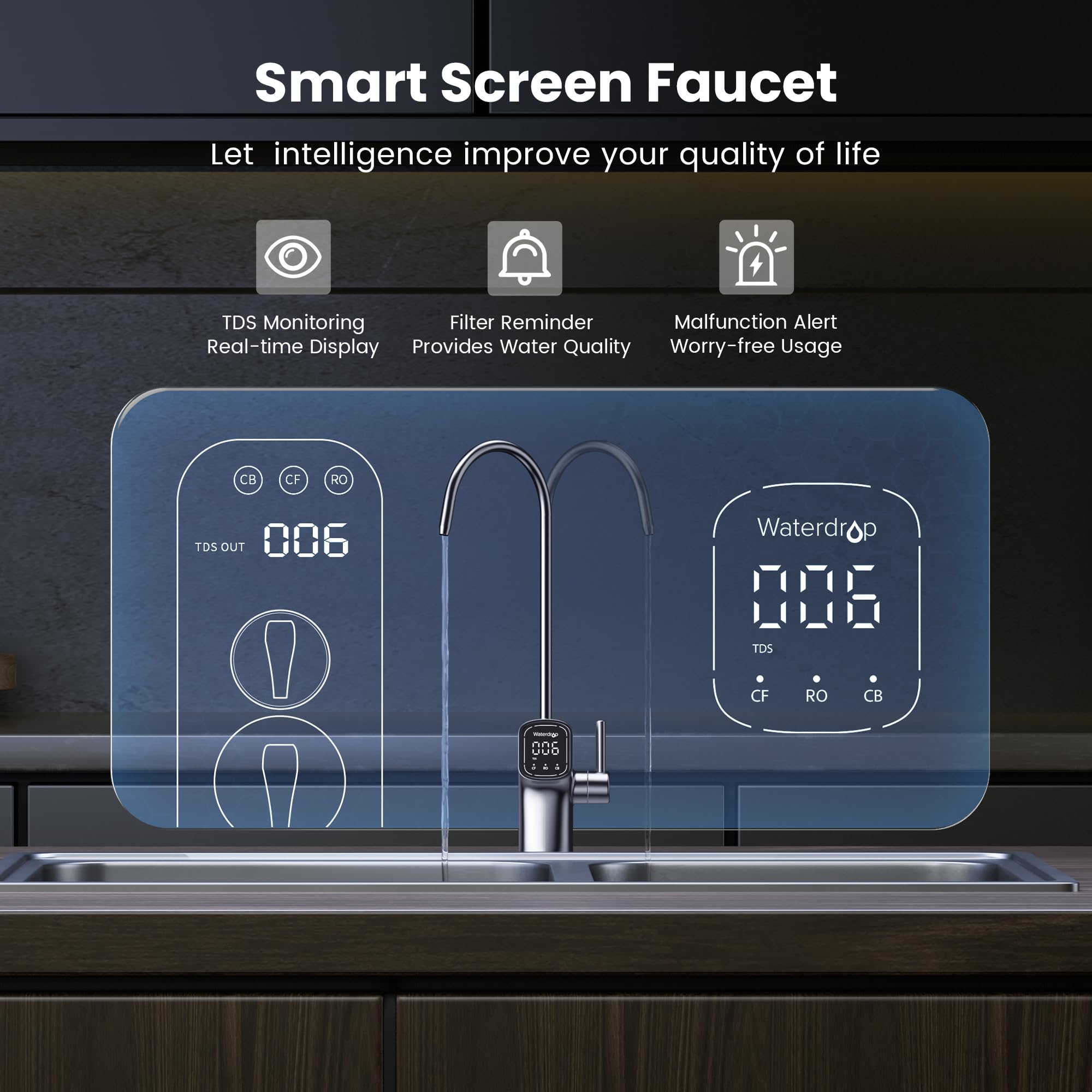 Waterdrop Reverse Osmosis System G3P600, NSF/ANSI 58 & 372 Certified, Tankless Under Sink RO System, RO Water Filter System, TDS Reduction, 600 GPD, Smart LED Faucet