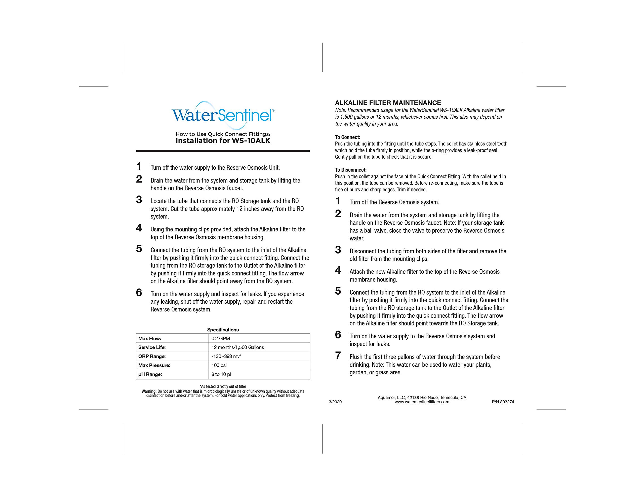 WaterSentinel WS-10ALK Alkaline Inline Mineral pH Balancing Universal Drinking Water Filter for RO Reverse Osmosis Under Sink 1/4" Quick Connect Kit
