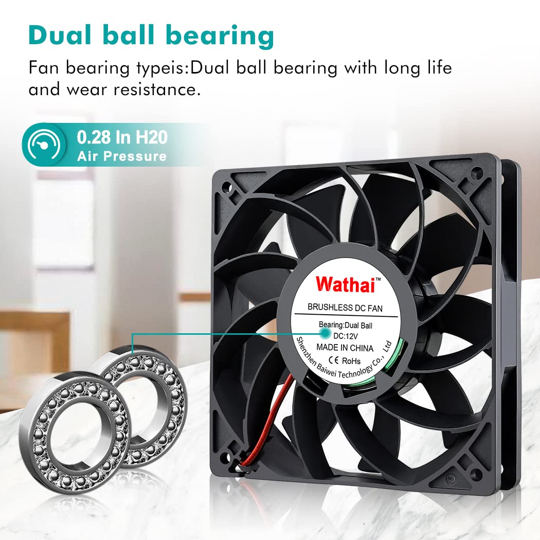 Wathai 120mm x 25mm 12V High Pressure CFM Fan Dual Ball High Speed DC Brushless Cooling Fan