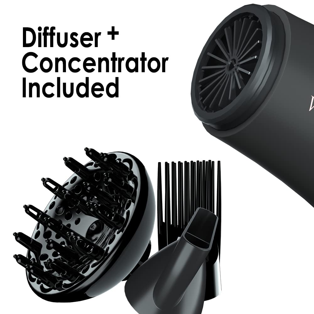 Wazor 1875W Professional Grade Hair Dryer Tourmaline Turbo Powerful Blow Dryer Compact Quite Hairdryer with Diffuser & Comb & Concentrator