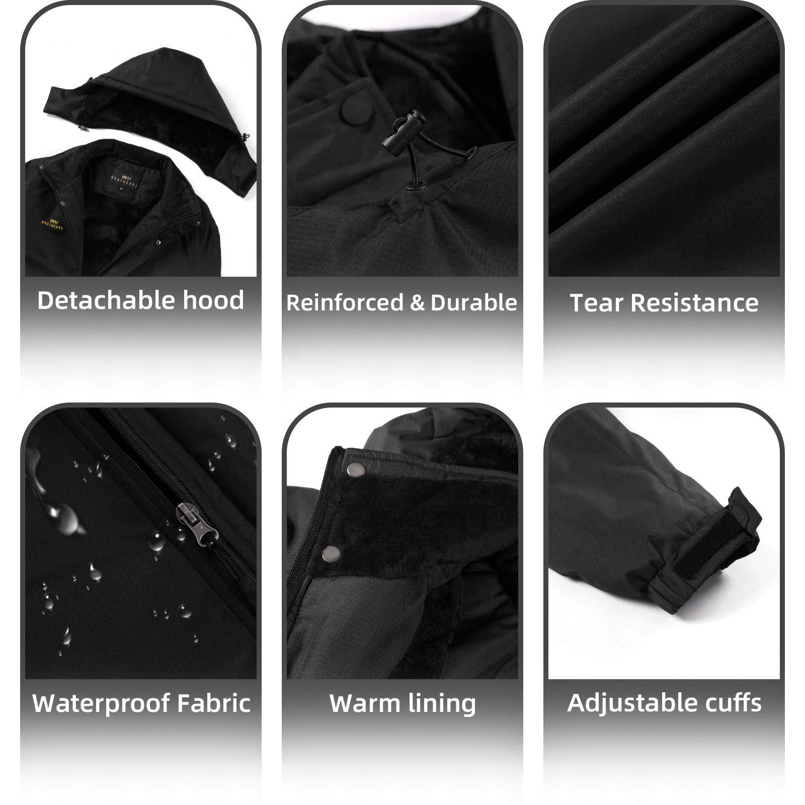 WHATWEARS Men's Winter Coats Waterproof Ski Jacket for Men Snow Coat Windproof Mountain Jackets with Hooded, Black, M