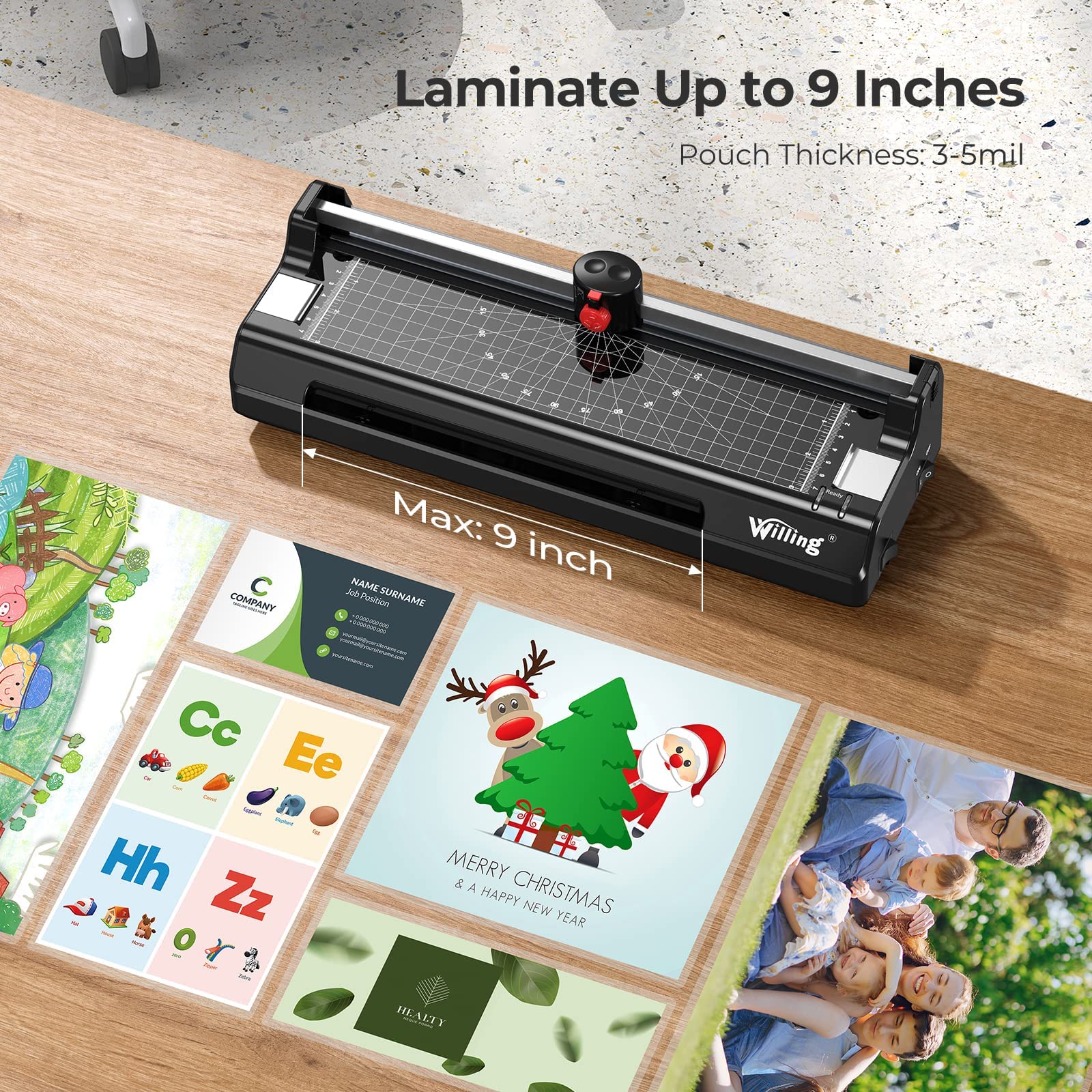 Willing Laminator Machine with Laminating Sheets for A4/A6, Update Never Jam Technology, Hot&Cold, with 20 Laminating Pouches/Trimmer/Corner Rounder for Home/School/Office/Craft/Card - 9in