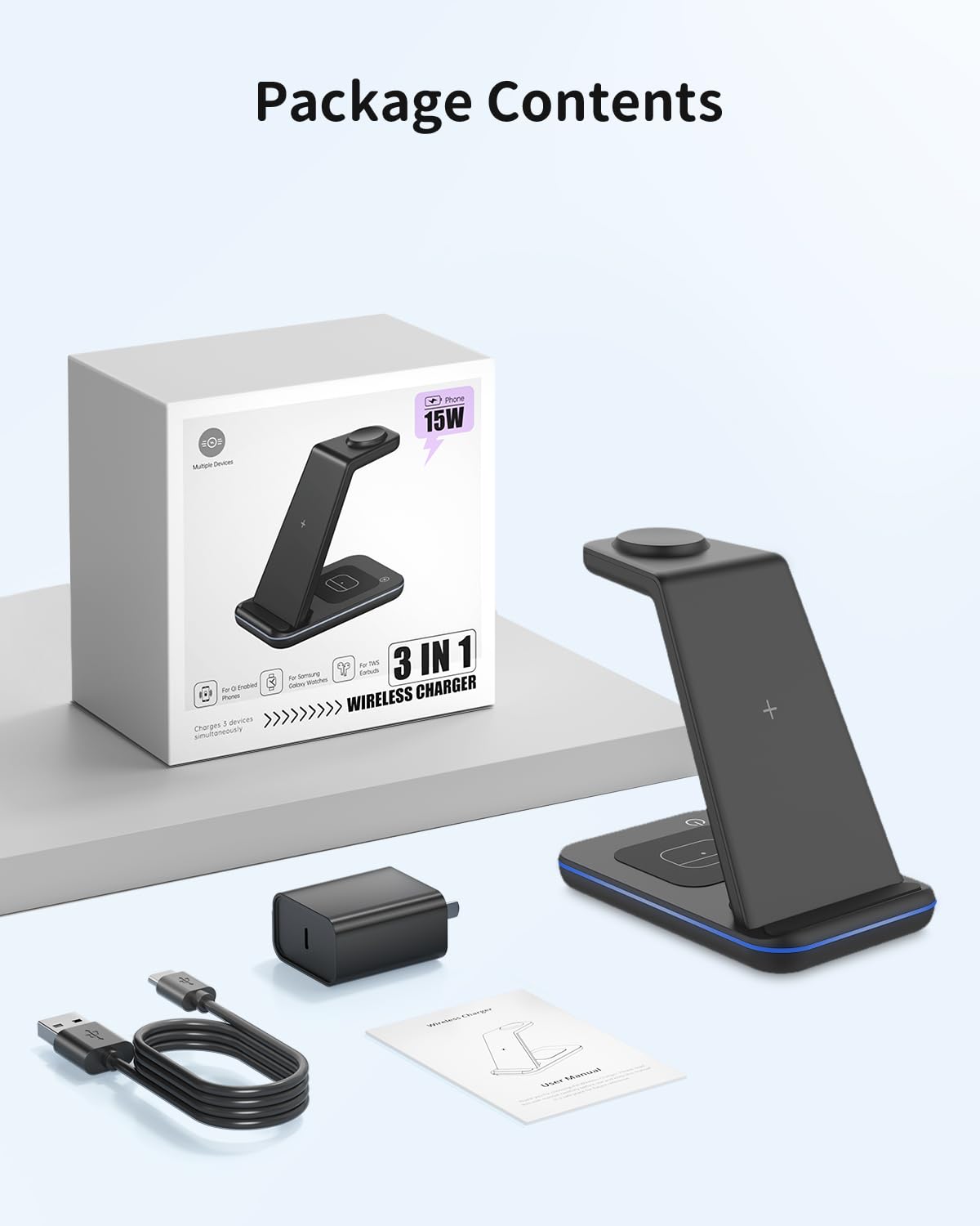 Wireless Charger for Samsung&Android: JoyGeek 3 in 1 Charging Station for Galaxy Watch5 Pro/4/3/Active2/1 - Phone Charger Stand for S23 Ultra/S22/S21/S20/Note 20, Z Fold&Flip Series, Buds2 Pro