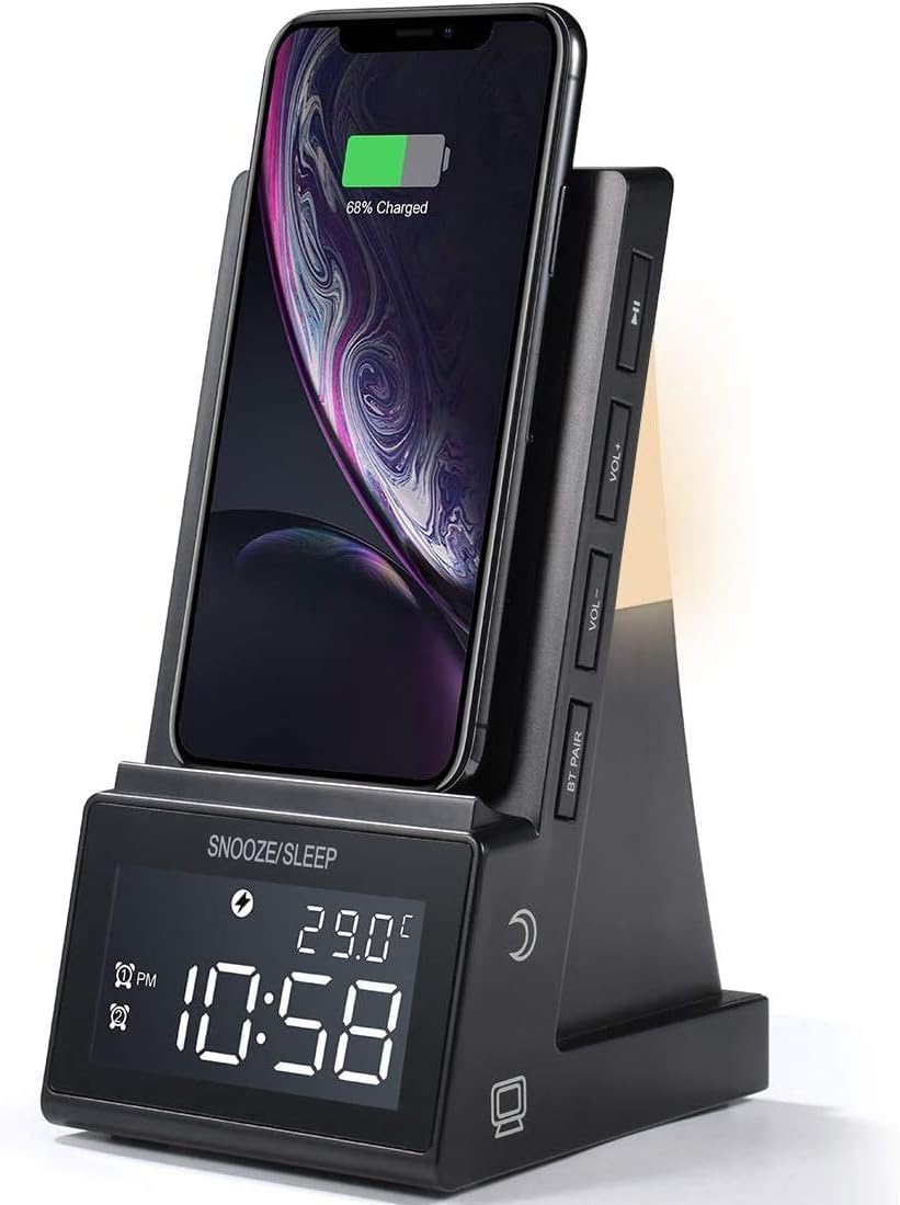 Wireless Charger with Bluetooth Speaker Alarm Clock Night Light USB Fast Charging Station Compatible with iPhone 14/14 Pro/iPhone 13/13 Pro/iPhone12/12 Pro Max/iPhone11/Galaxy S23/S22/S21 etc