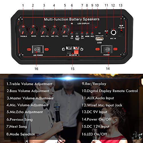 Wireless Karaoke Speaker System with 12'' Subwoofer, Kacsoo Outdoor Portable Bluetooth PA Speaker System with 2 Karaoke Microphones, DJ Lights, FM Radio, MP3/BT/TF Card, AUX Interface, Remote, Black
