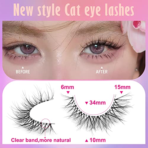 Wispy Lashes Natural Look False Eyelashes Clear Band Fluffy Faux Mink Cat Eye Lashes Pack 15mm 3D Light Fake Lashs that look like Extensions Soft Curly Lash Strips 7 Pairs
