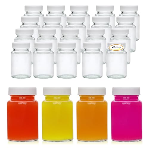 Woaiwo-q 24 Pack 2 oz Glass Shot Bottles w/White Lids - Small Clear Jar for Ginger Shot, Juice, Sample, Whiskey - Travel Essentials Mini Bottles - Wide Mouth, Leakproof…