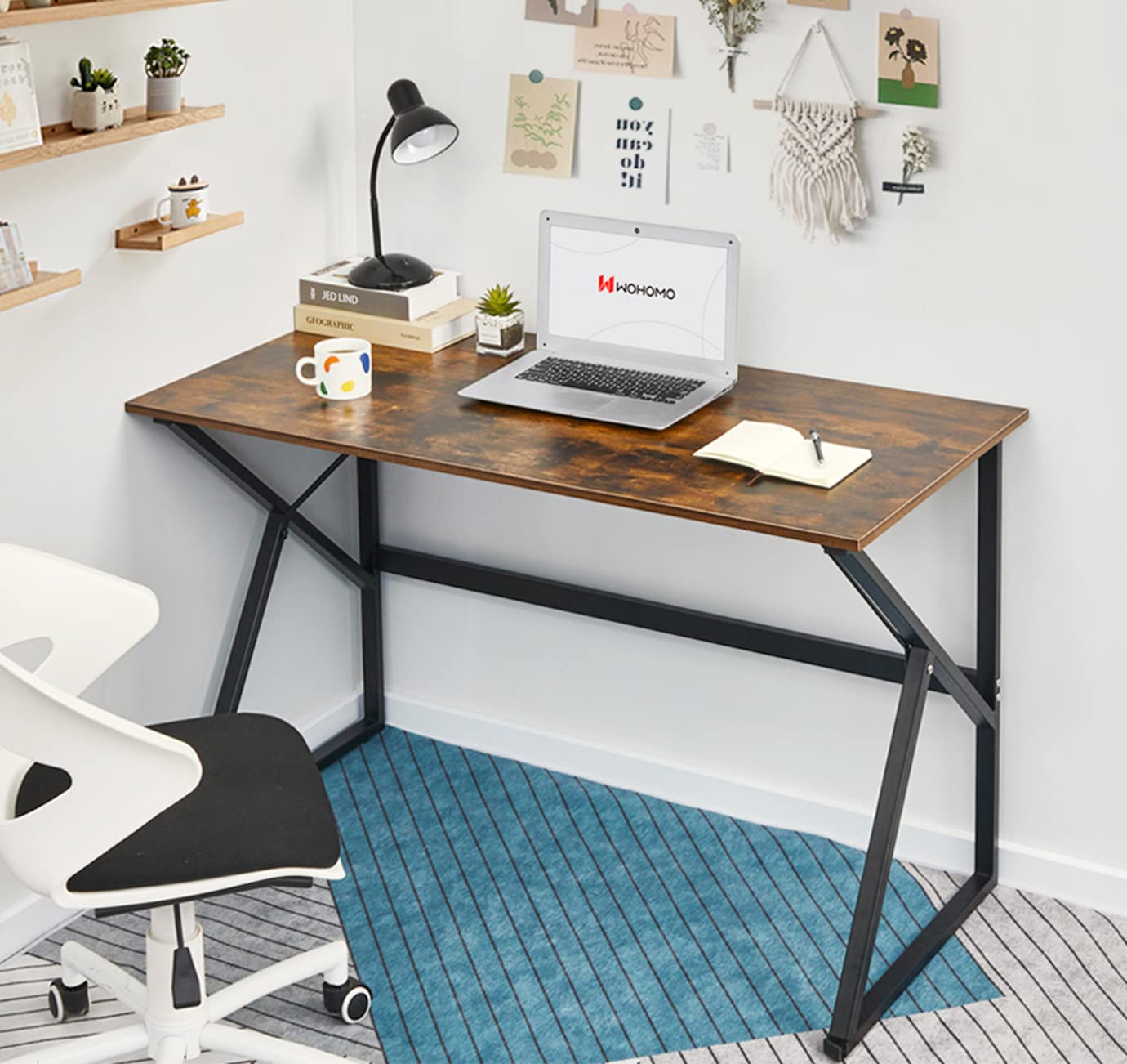 WOHOMO Computer Writing Desk 47 inch for Small Space,K-Shaped Sturdy Home Office School Kid Table,Wood Metal Workstation Simple Modern PC Stand Desk,Rustic Brown Vintage