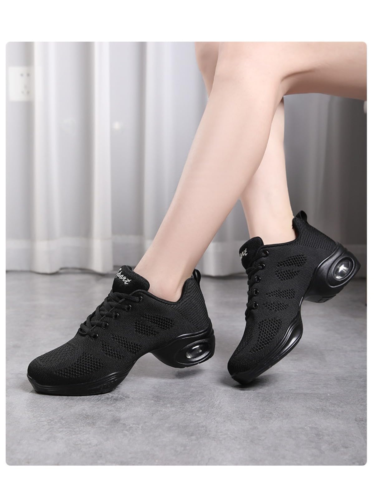 Women's Breathable Air Cushion Jazz Dance Shoes Lace Up Mesh Sneakers - Split Sole Athletic Walking Dance Thick Sole (Black,8.5)