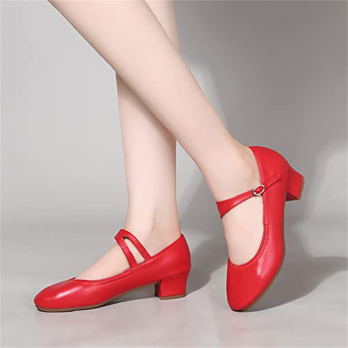 Women's Latin Dance Shoes Strappy Party Ballroom Character Shoes Low Heel Soft Bottom,Red,7