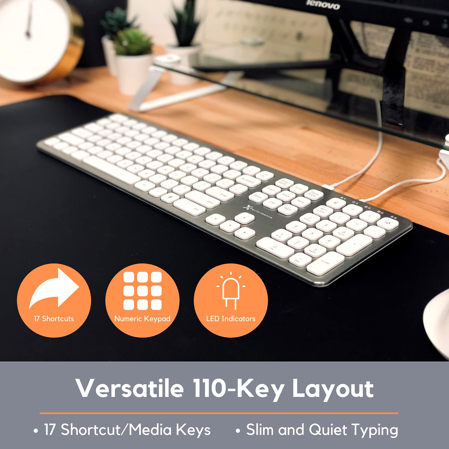 X9 Performance Wired Keyboard with USB Port Built in x2 - Elegant, Plug and Play Computer Keyboard - Convenient Full Size Keyboard Wired with 17 Shortcuts for Windows PC Desktop and Laptop