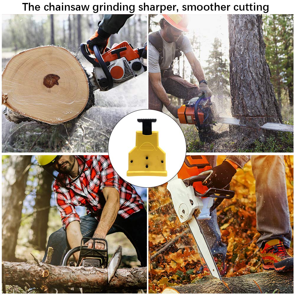 XBUTY Chainsaw Sharpener, The Second Generation New Portable Chain Saw Blade Teeth Sharpener with 4 Pcs Fast-Sharpening Stone Grinder Tools for 14/16/18/20 Inch One/Two/Nonporous Holes (Yellow)