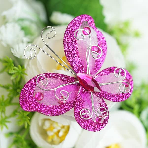 TABLECLOTHSFACTORY 12 Pack Fushia 2" Crystal Studded Organza Butterflies for Wedding Decorations