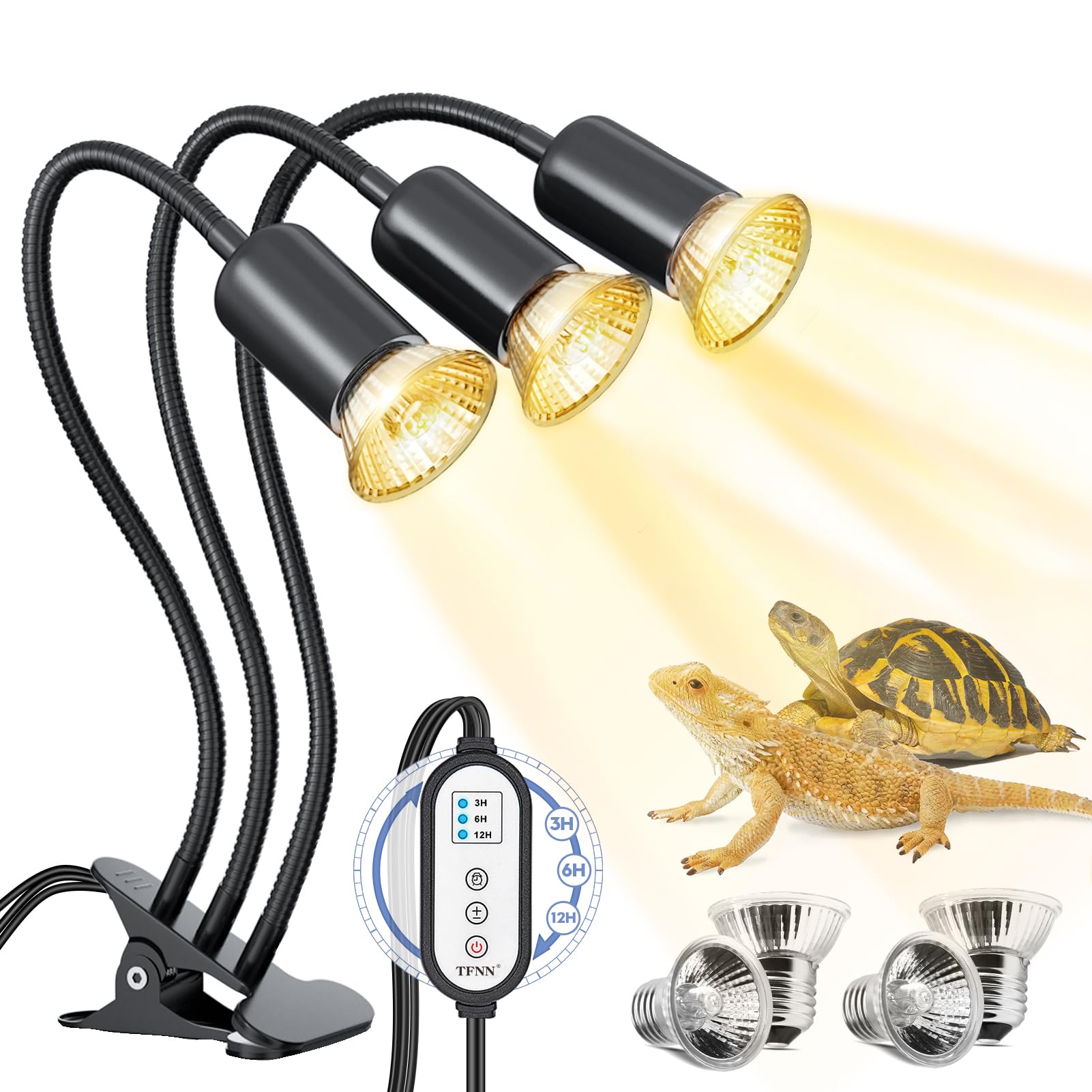 TFNN Reptile Heat Lamp, Three Head Reptile Light with Cycle Timer,UVA UVB light, dimmable Basking lamp for Tortoise, Bearded Dragon, Lizard, Snake, E26/27 Base with 4 Bulbs (50W)-Black