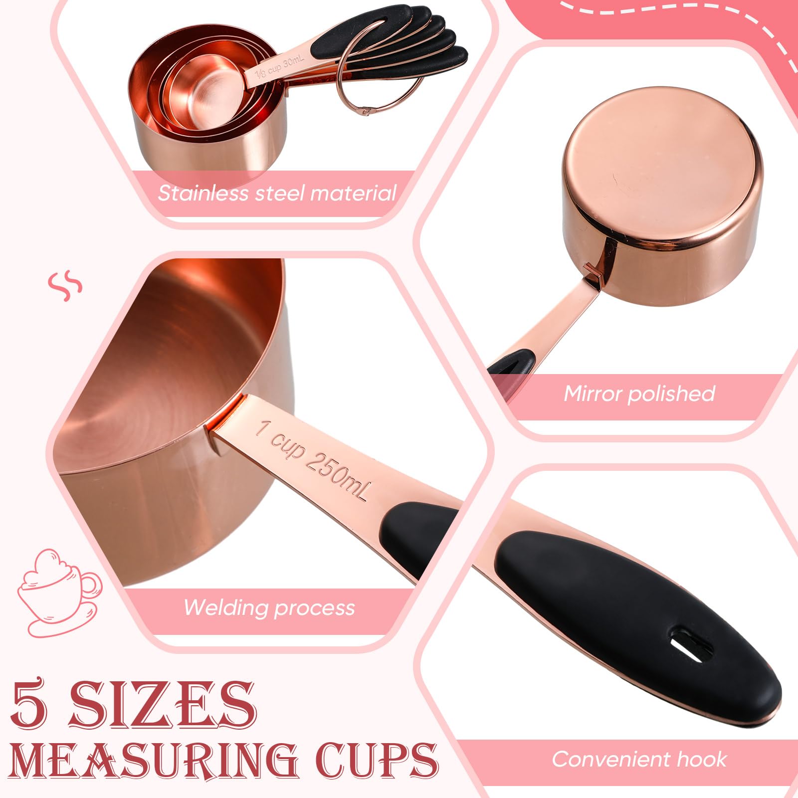 Tanlade 8 Pcs 30.43 Oz, 47.34 Oz, 60.87 oz Copper Canisters Set for Kitchen Stainless Steel Nesting Measuring Cups and Spoons Set with Silicone Handle Flour Sugar Canister Set with Wood Lids