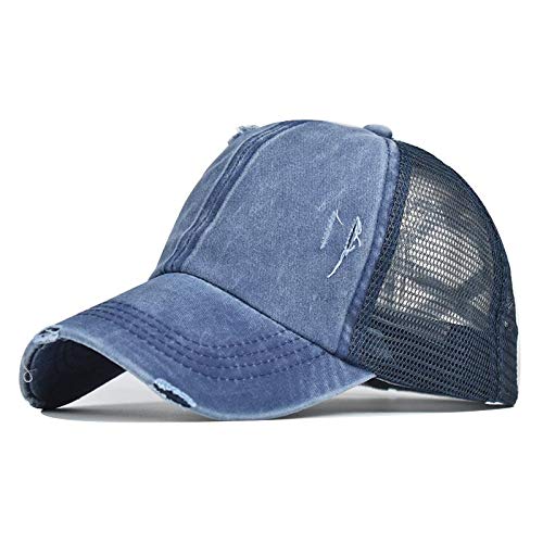 Top Hats for Women Baseball Caps with Mesh Back Trucker Hats Ponytail/High Messy Bun Ponycap Dad Hats (Navy Blue)