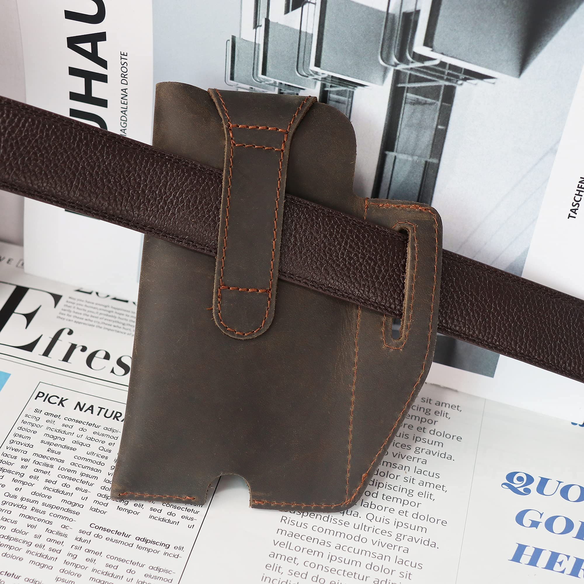 SUOHU Leather Phone Holster with Belt Clip, Flip Belt Phone Case with Magnetic Closure for iPhone 15/14/13 Pro Max, Cell Phone Belt Holder for S22 Plus, Universal Leather Phone Pouch Cases (Red Brown)