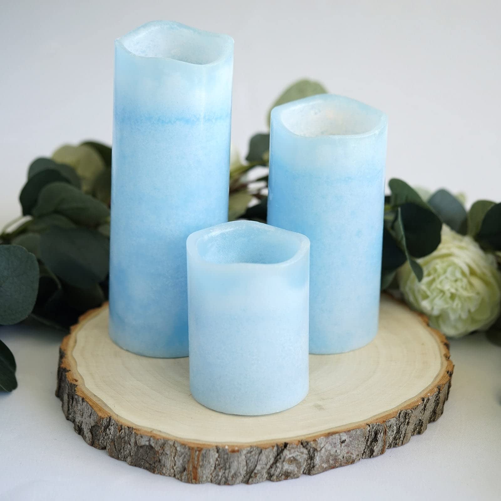 Tableclothsfactory Set of 3 Blue Flameless Candles Battery Operated LED Pillar Candle Lights with Remote Timer - 4" / 6β / 8β