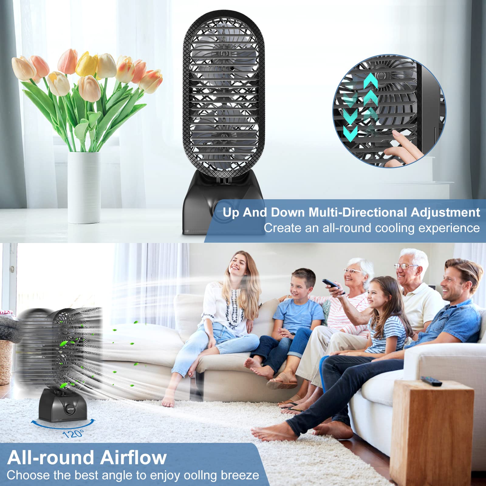 Small Tower Fan For Bedroom Desk, 10000mAh Rechargeable Oscillating Table Fan, Max Last 30Hrs, 11'' Portable Fan, 120° Oscillation for Powerful Circulation, Stepless Speed, Quiet for Home Bedroom