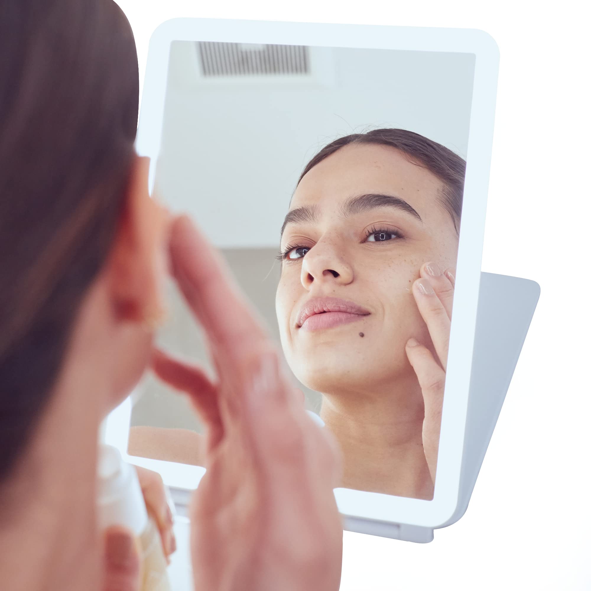 Vanity Planet LED Travel Handheld Vanity Mirror, Pose 3 LED Colors for Consistent Lighting with Dimmable Ring Light - Built-in Touch Sensors with Rechargeable Micro-USB - White