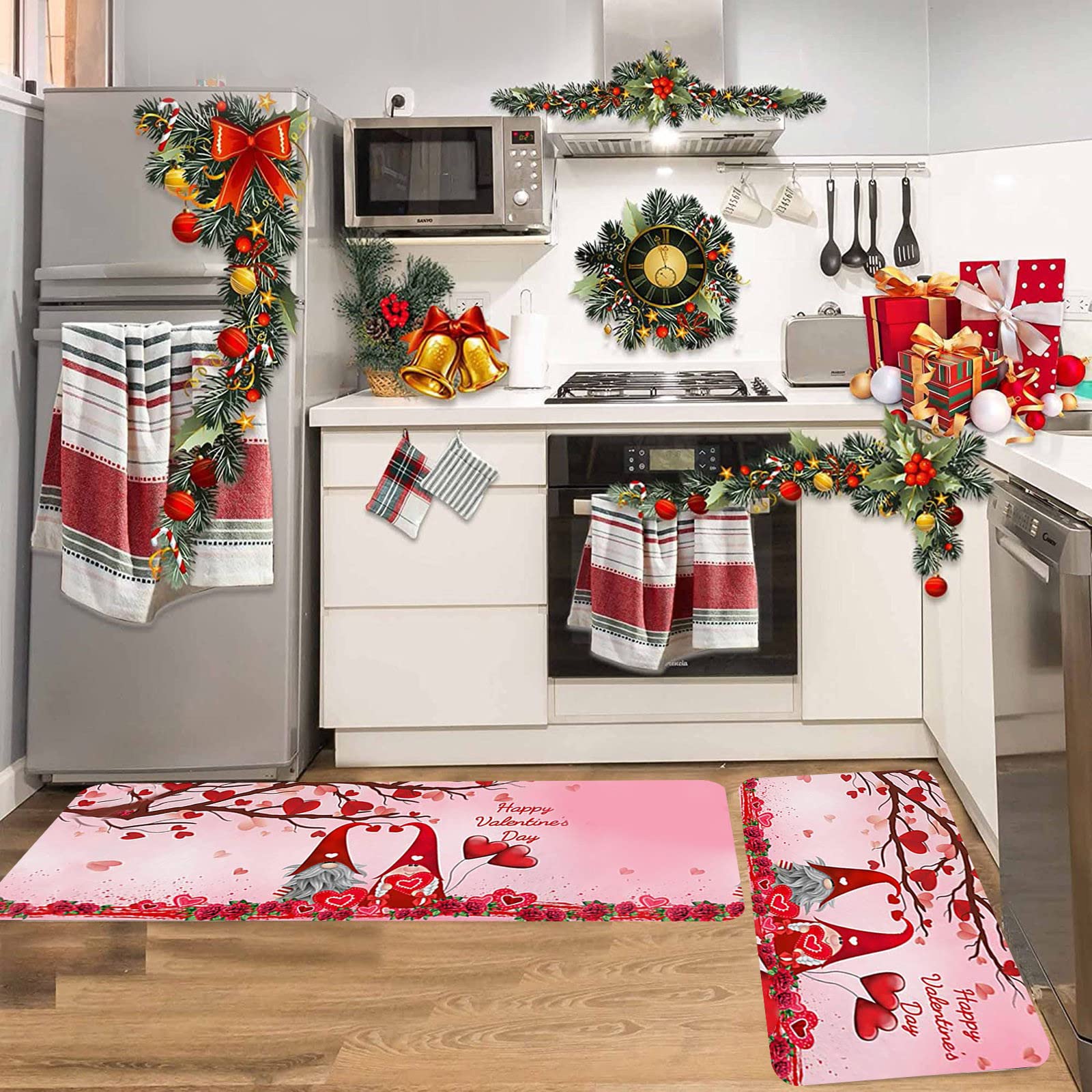 Wtosuhe Valentines Day Decorative Kitchen Mats Set of 2, Pink Love Heart Doormat Gnome Yard Kitchen Rug with Non-Slip Rubber, Spring Seasonal Decorative Floor Mat Doormat (Sweet-03)