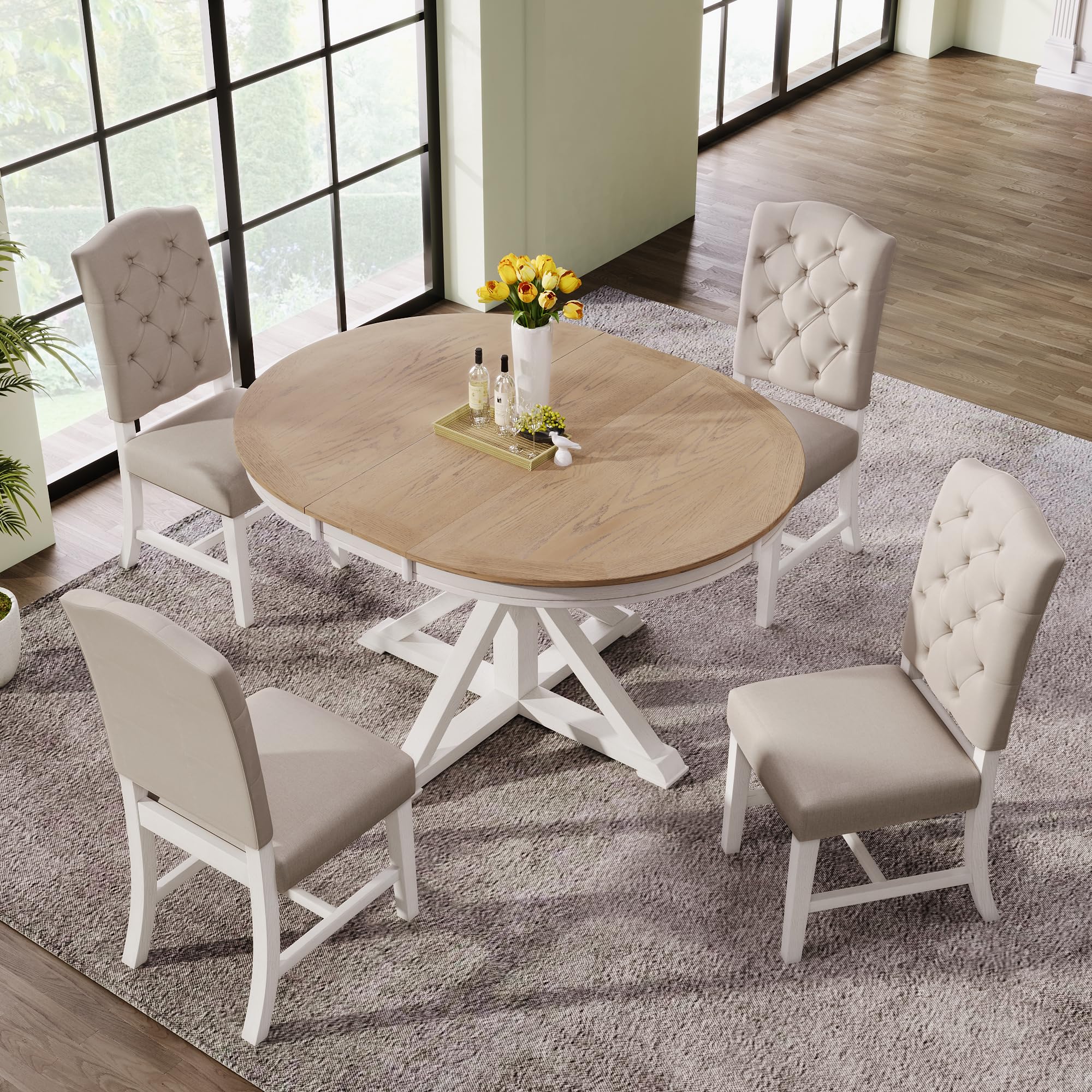POCIYIHOME Piece Functional Furniture Extendable 4 Upholstered Chairs, Retro Style Circle Dining Table Set for Restaurant, Kitchen (Oak Natural Wood + Off White)