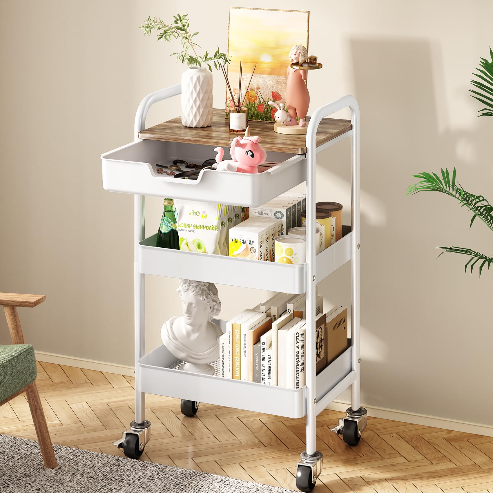 SNTD 3 Tier Rolling Utility Cart - Metal Rolling Cart on Wheels with Drawer, Wooden Table Storage Cart (Black)