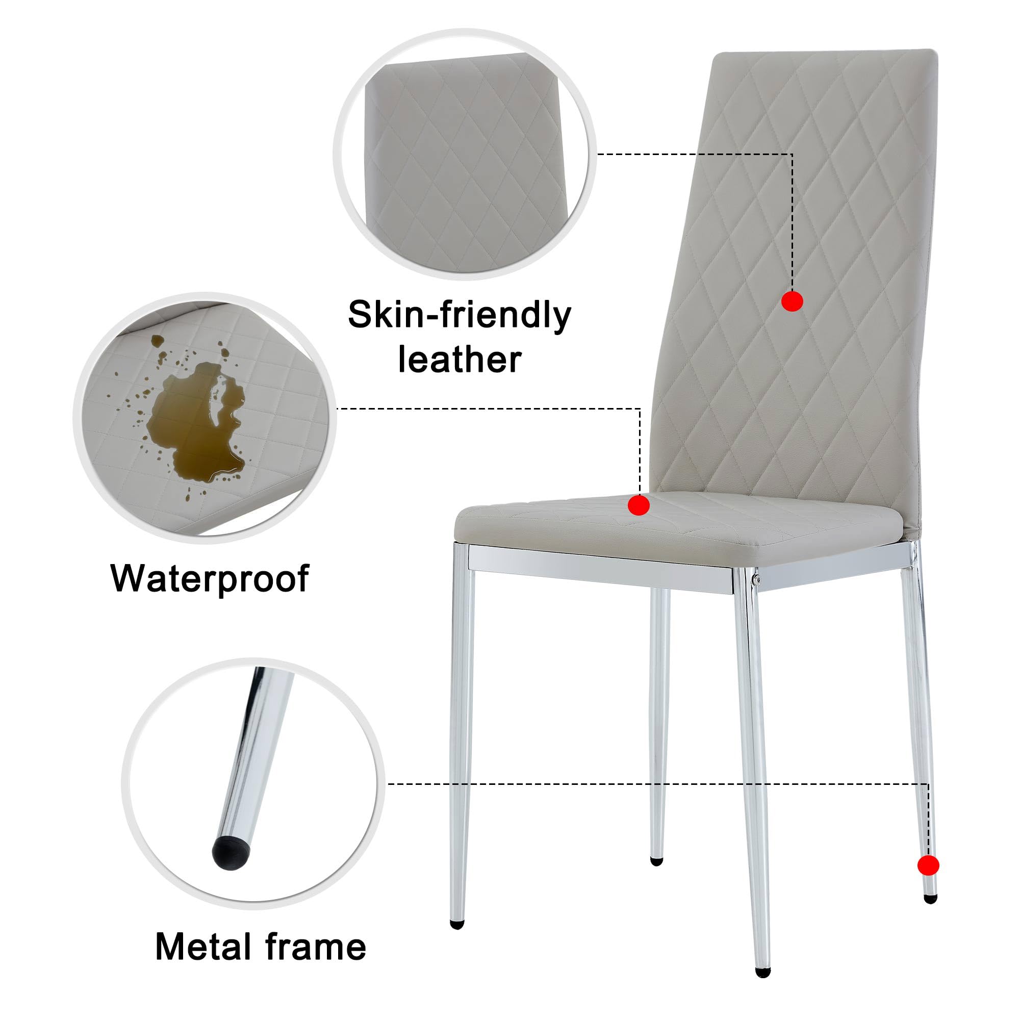 Rophefx Dining Chairs Set of 4, Modern Kitchen Chairs Upholstered Dining Room Chairs PU Leather Metal Legs High Back Side Chairs for Living Room, Kitchen, Light Grey