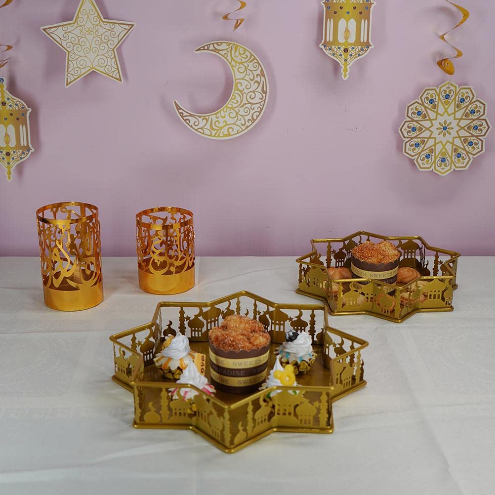WYHFA Eid Mubarak Plate Iron Serving Tray, Ramadan Food Serving Tray Plate Dessert Pastry Candy DIY Display Tray for Eid Mubarak Party Decoration