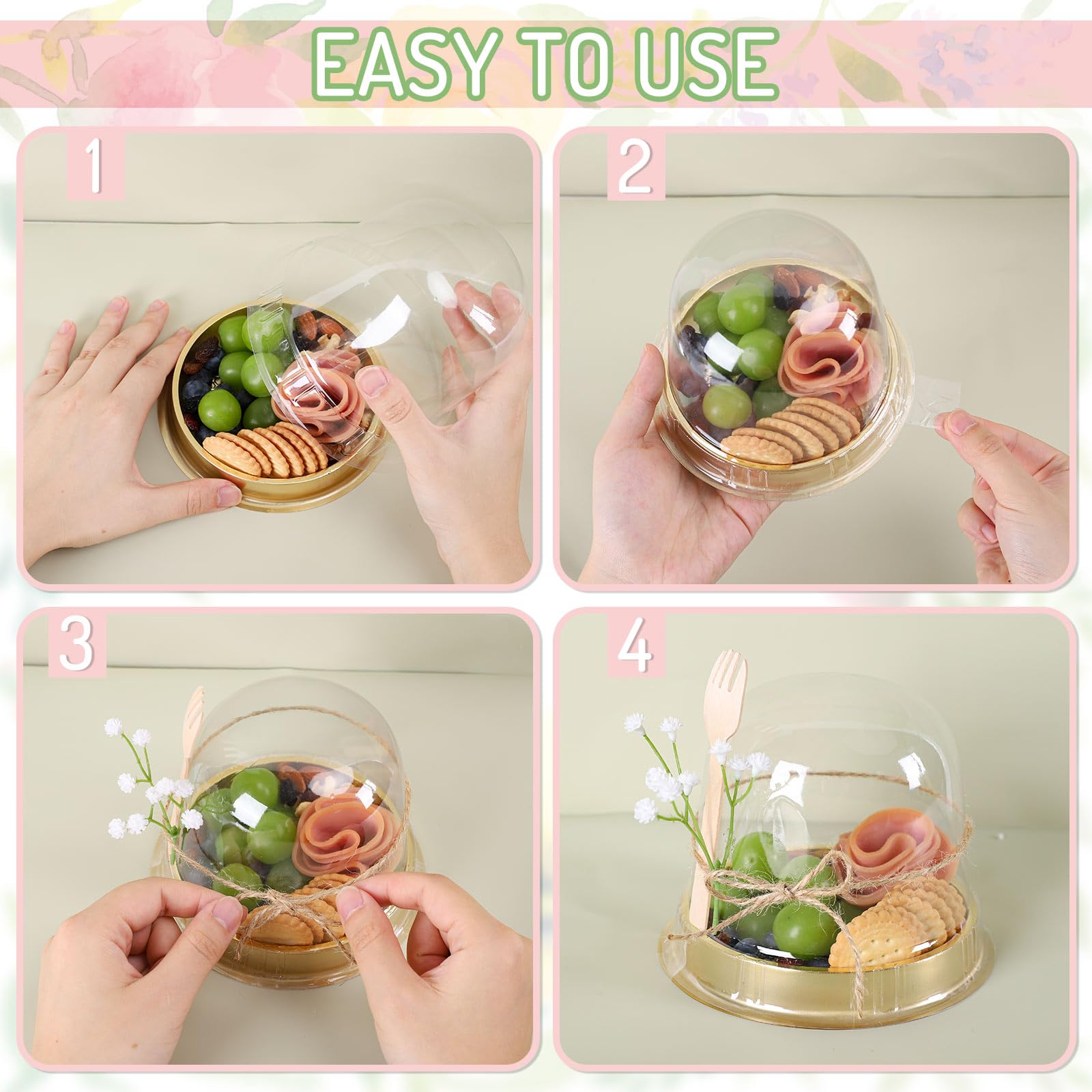 Whaline 50 Sets Disposable Individual Charcuterie Cup Set Clear Plastic Cupcake Container with Mini Wooden Spork Rope for Dessert Display Charcuterie Grazing Table Catered Event Wedding