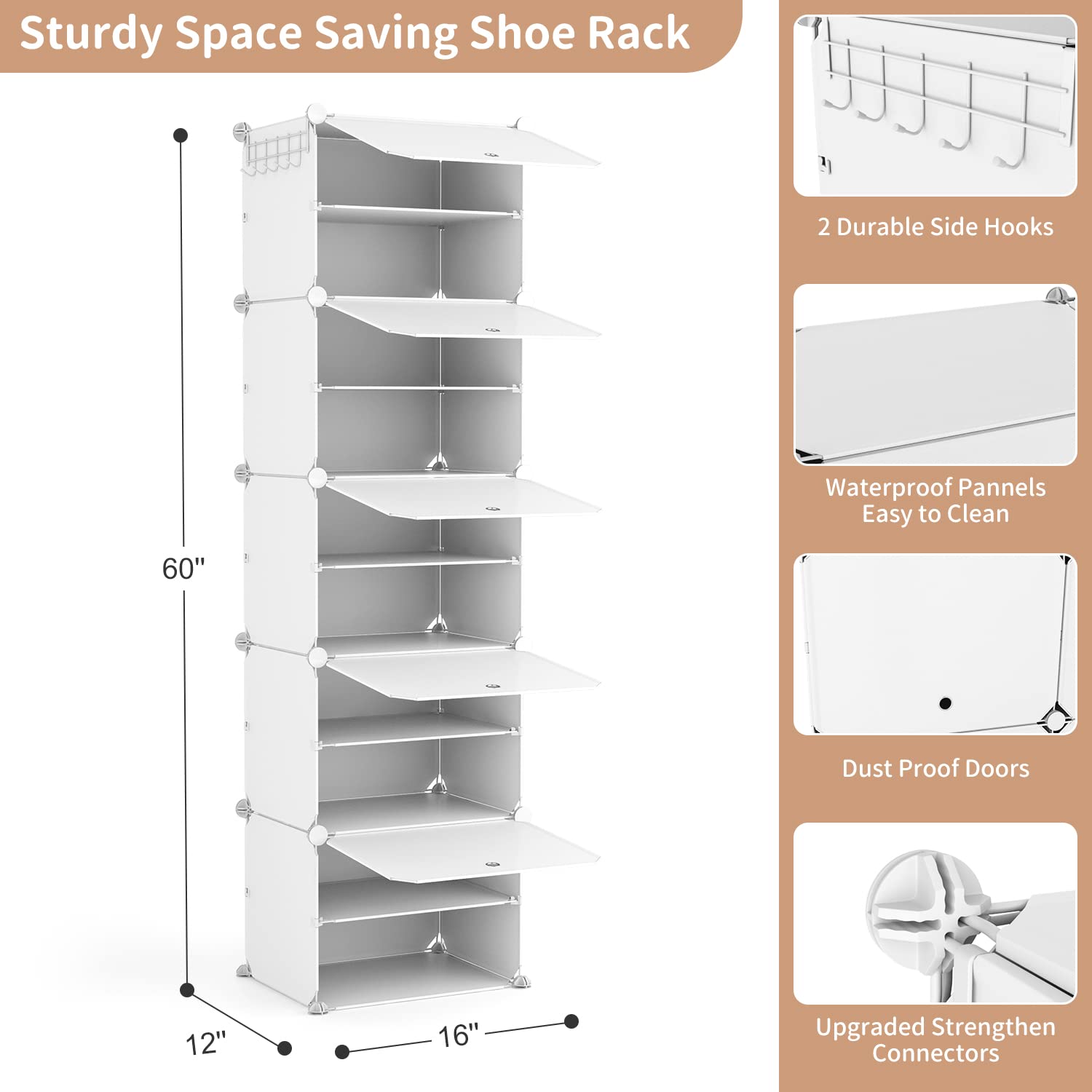 ROJASOP Closet Tall Shoe Rack Organizer, 10 Tiers Narrow White Shoes Storage Cabinet 20 Pairs Portable for Bedroom Small Space Stacked Shoe Rack for Entryway
