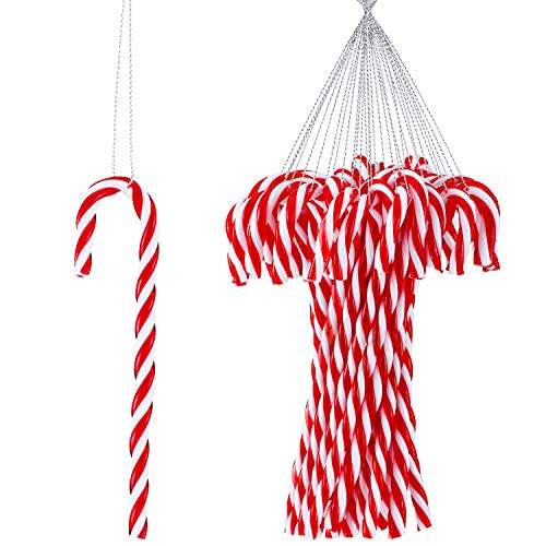 Skylety 50 Piece Christmas Crutch Plastic Candy Cane Hanging Ornaments Christmas Cane Accessories Hanging with Rope for Christmas Party