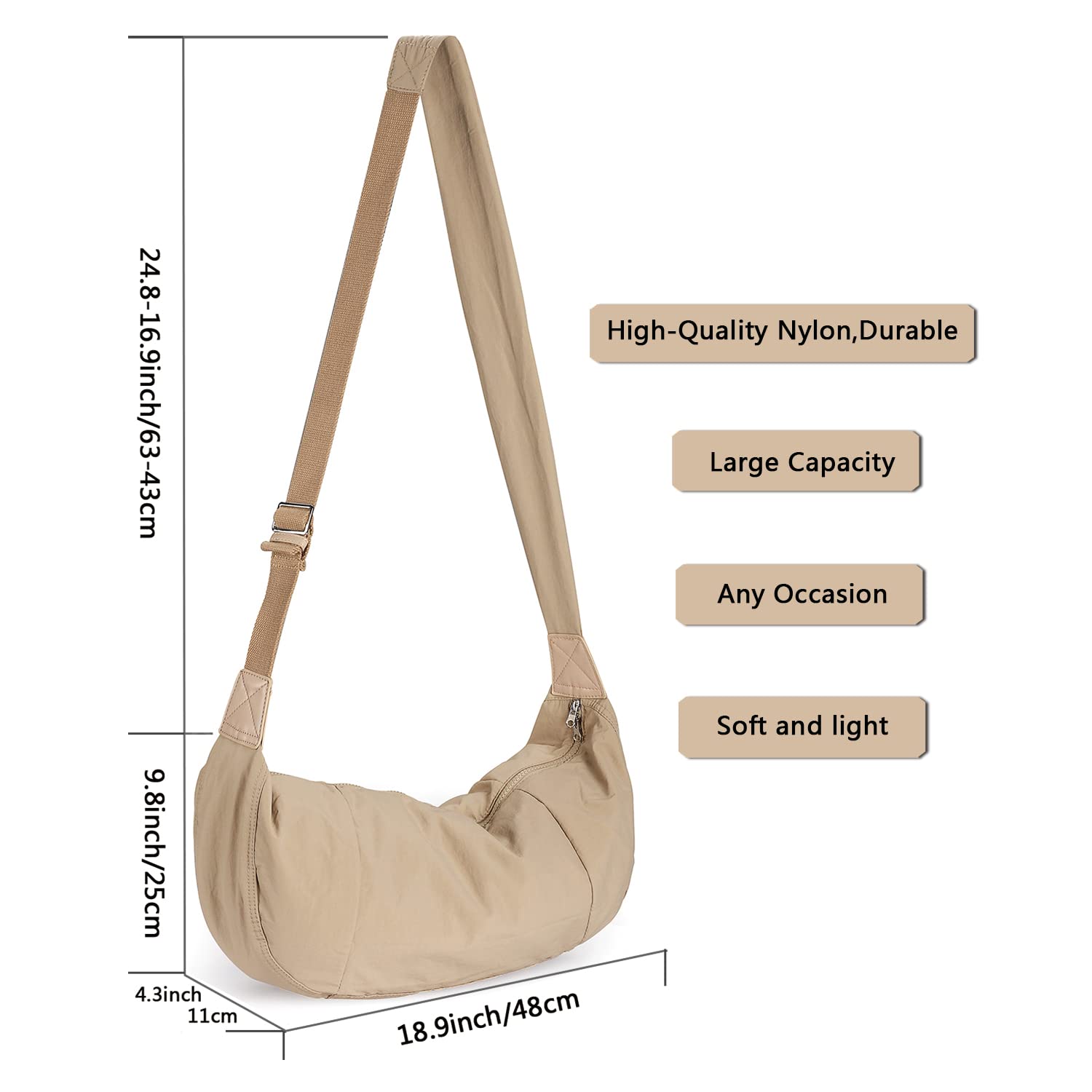 Yrarbil Large Nylon Crescent Crossbody Bag, Casual Hobo Bag Shoulder Bag for Women Men Adjustable Strap Shoulder Bag(Khaki)