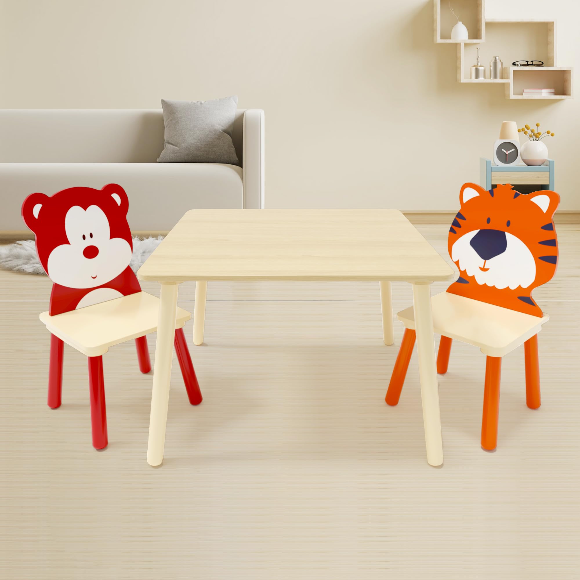 Zacis Kids Table and Chair Set, Wooden Toddler Table Set with 2 Chairs, Children Adorably Animal Activity Table for Reading, Drawing, Eating, Studying, Parent-Child Interaction Activity Play