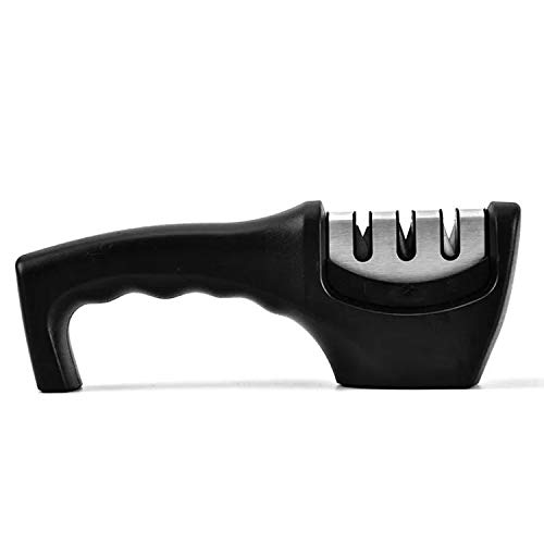 Premium Knife Sharpener, Professional Kitchen Chef 3 Slot Design, Easy Sharpening, Slip Resistant Grip, Safely Sharpen Knives, Restore Dull Knife for A Sharp Edge, Jet Black