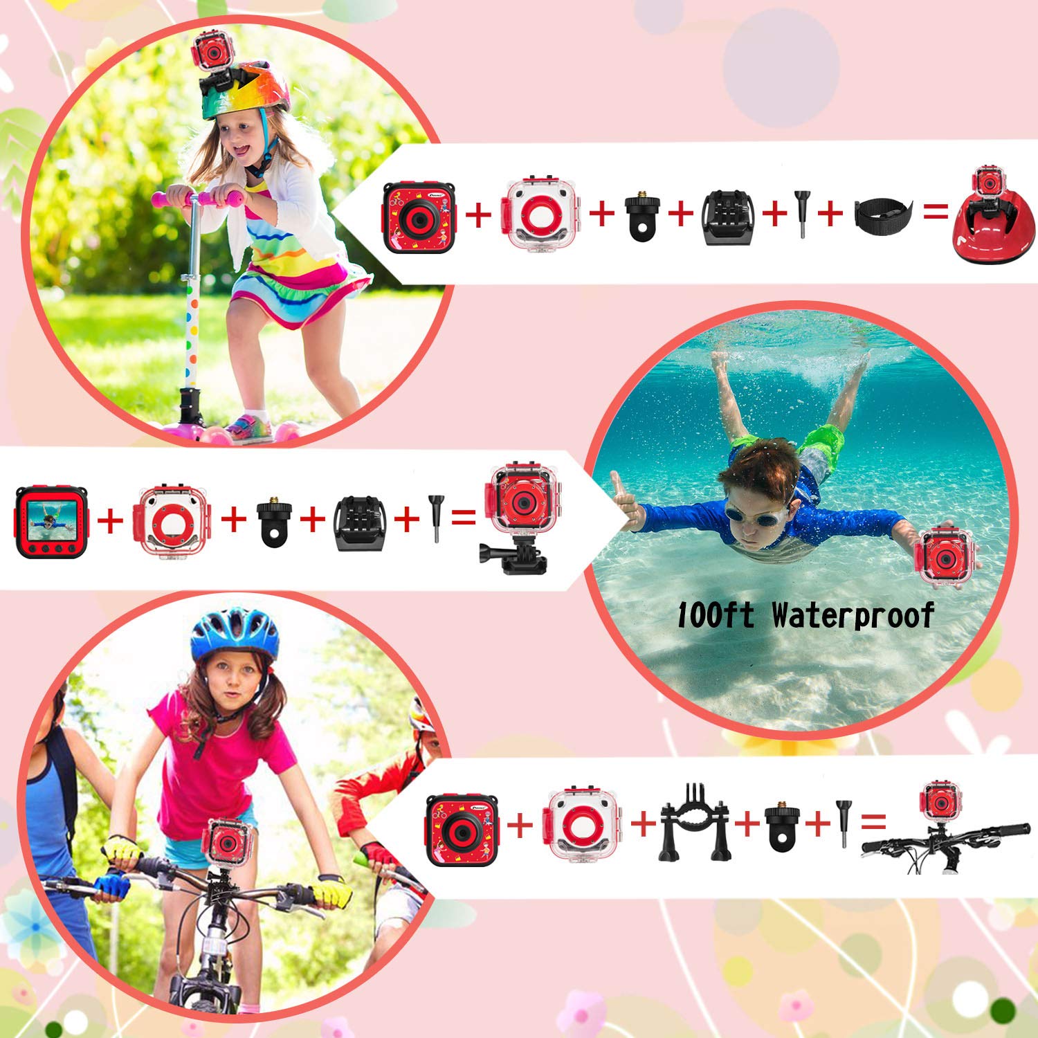 Prograce Kids Camera Underwater Waterproof Camera Camcorder for Boys Girls 4X Digital Zoom 3-Level Volume Adjustment(Red)