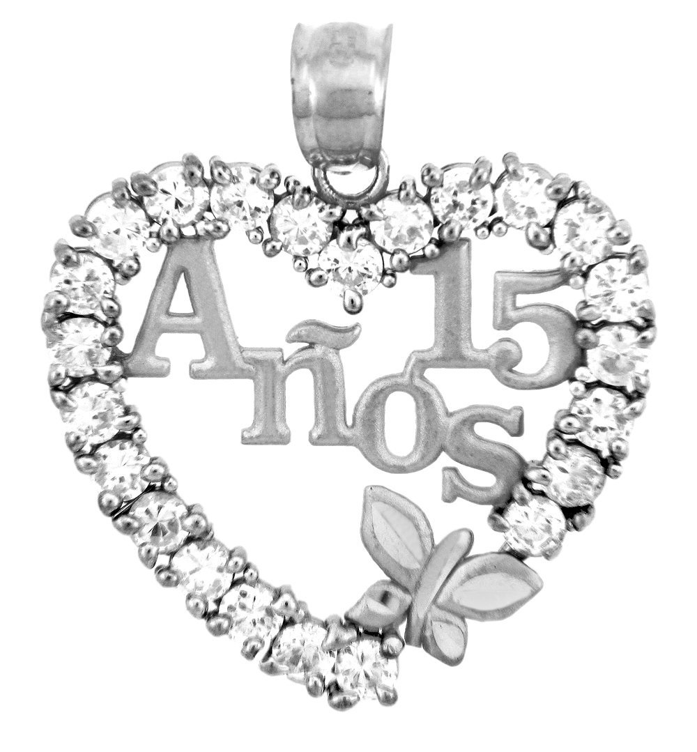 Sterling Silver Sweet 15 Anos Quinceanera Necklace with Cubic Zirconia Heart with Butterfly, 16"