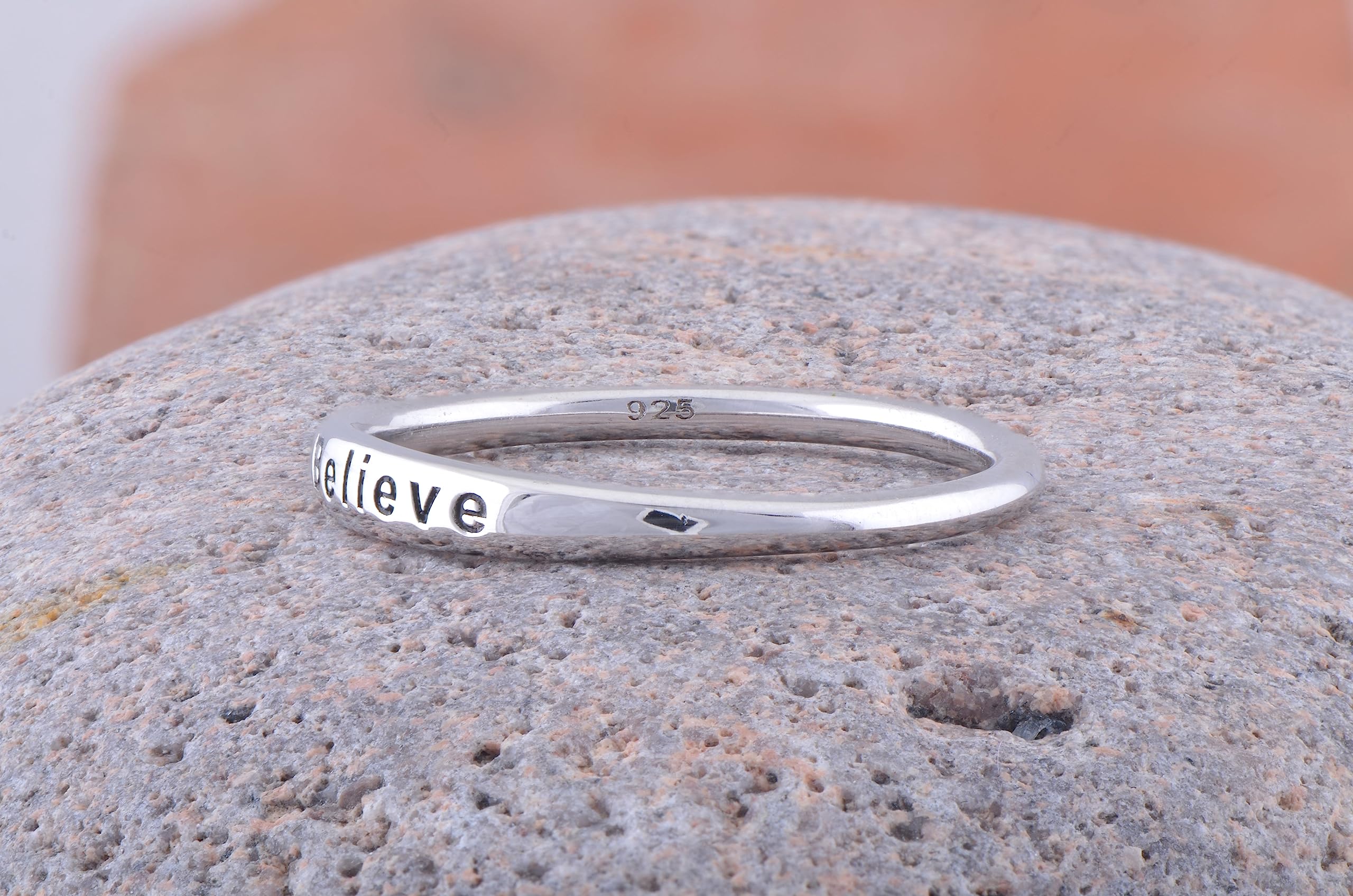 SILVERCLOSEOUT Rhodium Plated Sterling Silver Womens Thin Stackable Believe Inspiriational Word Ring - Size 7