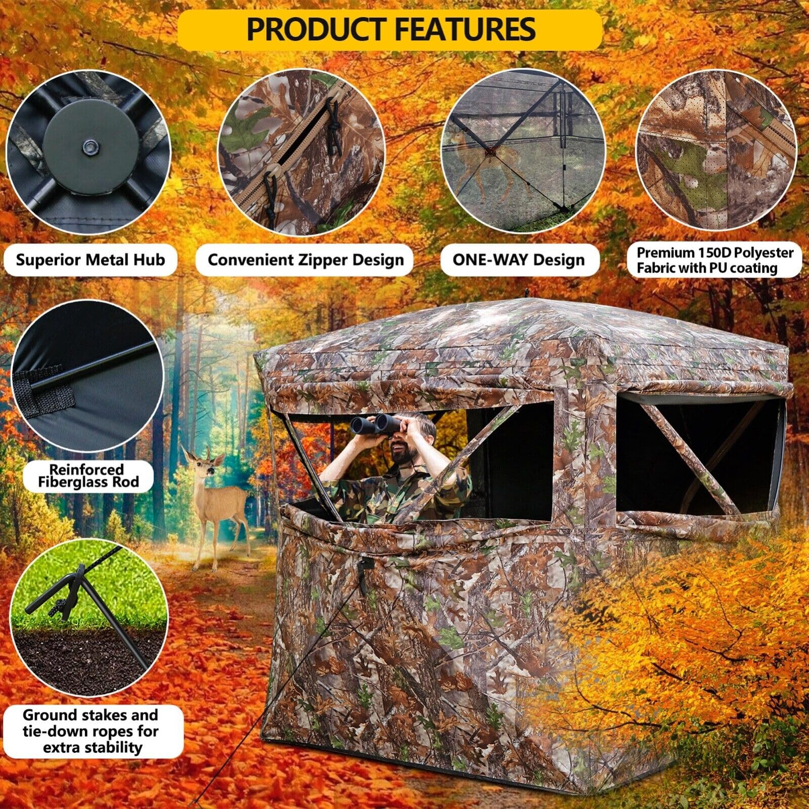 Portable Pop-up Hunting Blind, 270º See-Thru Windows (5-hub)